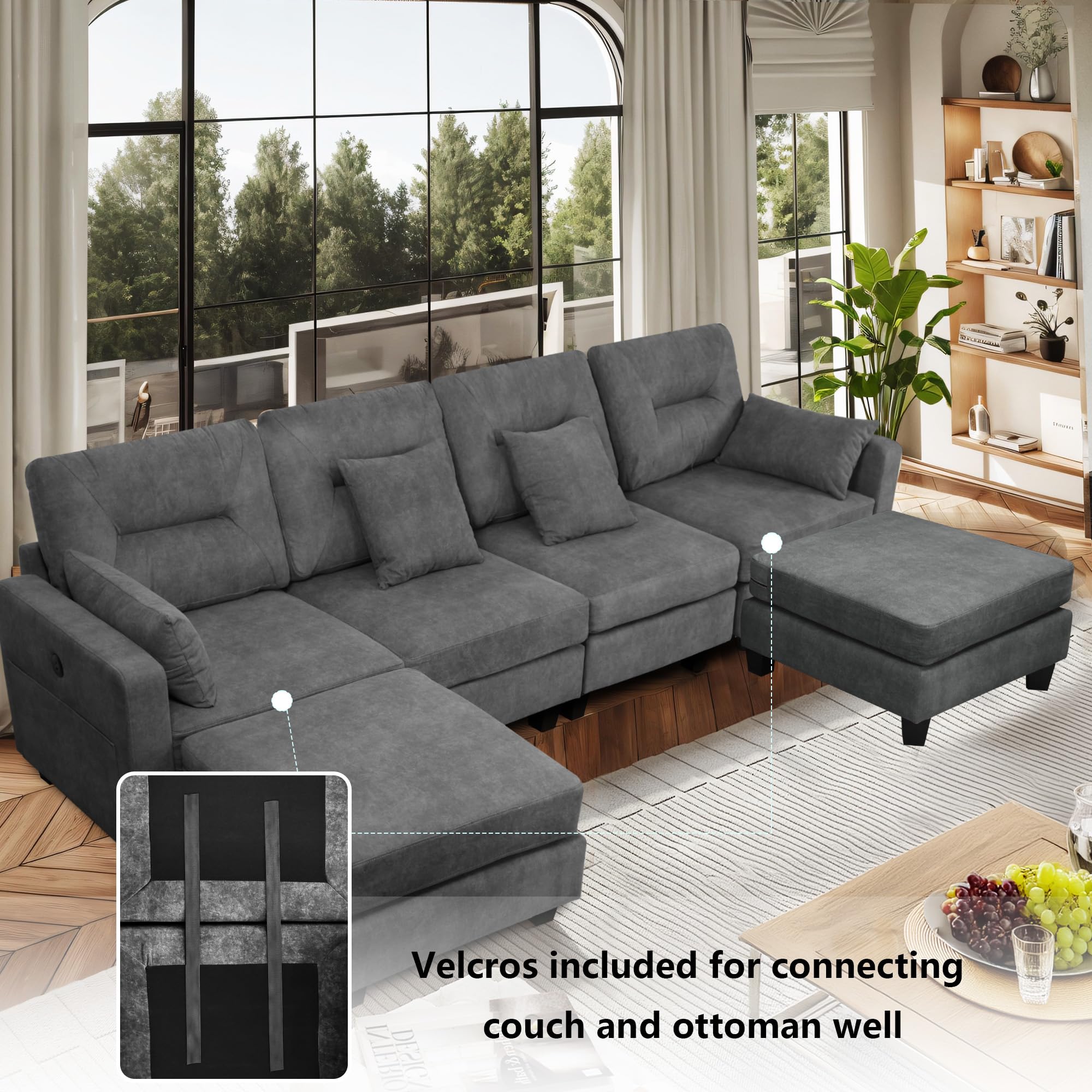 DIFYHOMEY U Shaped Modular Sectional Couches with USB Ports, Oversized 125β Velvet Anti-Scratches Fabric Sectional Sofa Set with Ottoman, Lumbar Pillows for Living Room, Office