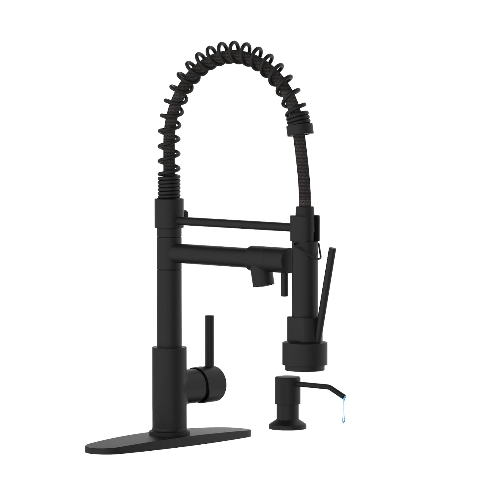 Casavilla Kitchen Faucet with Soap Dispenser, Single Handle Spring Kitchen Sink Faucets with Pull Down Sprayer and Deck Plate,Black Faucet for Camper Farmhouse RV Kitchen Sink,Dual Function Spray Head