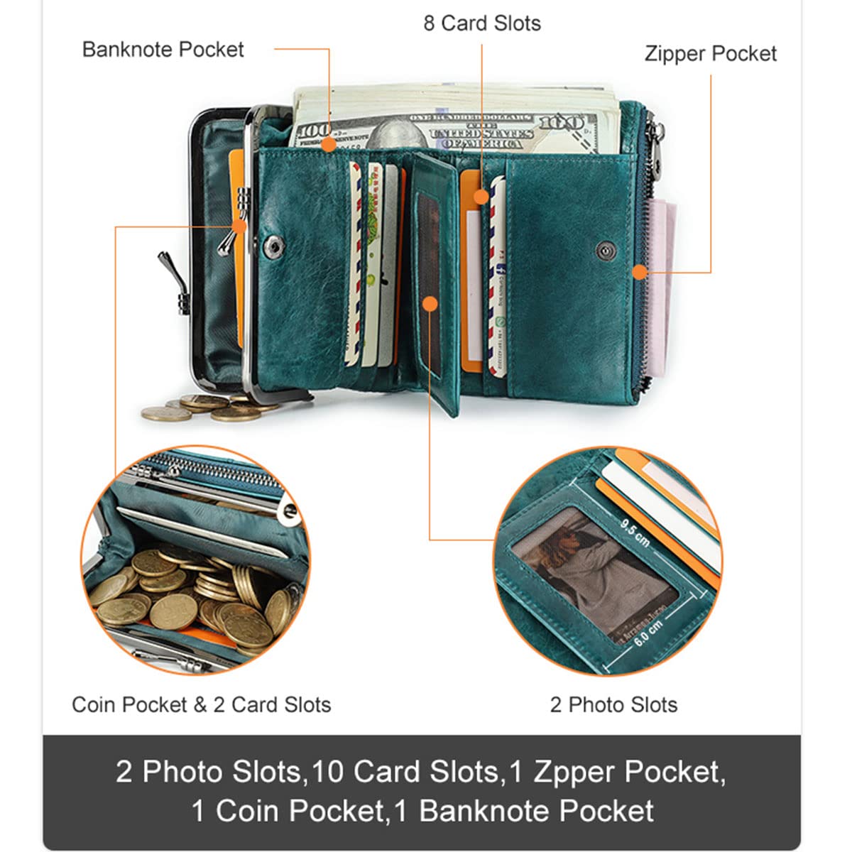 Contacts Womens Kiss Lock Wallet Leather Small Zipper Coin Pocket for Women Blue Bifold Rfid Clasp Purse Card Holder with Photo Window