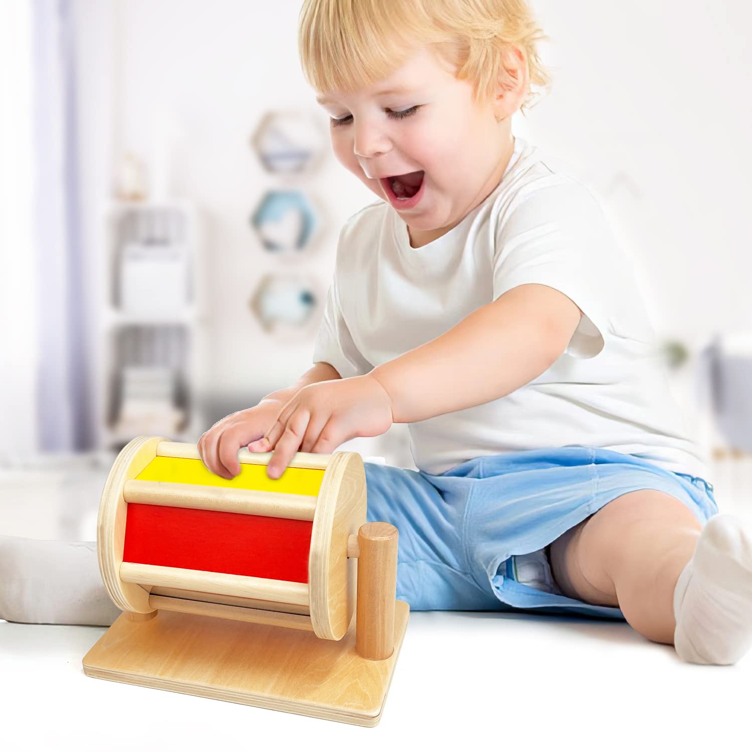 SGVV90 Wooden Spinning Rainbow Drum, Sensory Development Toys, Montessori Toys with Mirror and Bell for Baby Toddlers Gift