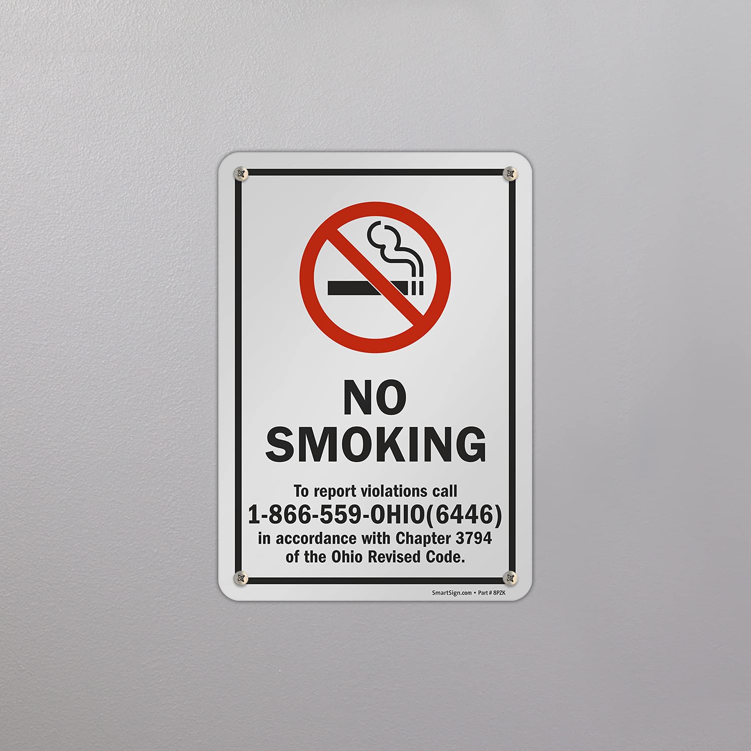 SmartSign 10 x 7 inch “No Smoking - to Report Violations Call 1-866-559-Ohio(6446) in Accordance with Chapter 3794” Ohio State Sign, Digital Printing, 55 mil HDPE Plastic, Red, Black and White