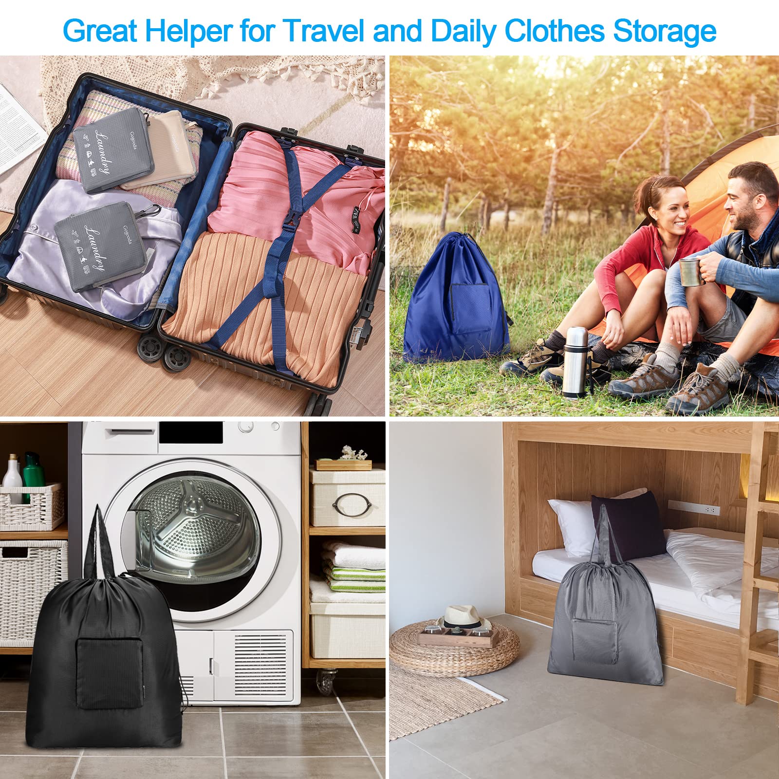 GOGOODA Travel Laundry Bags with Drawstring Closure XL Large Foldable Dirty Clothes bags with Handle Heavy Duty and Washable for College Dorm Travelling Camping, 2 Pack, Black & Beige