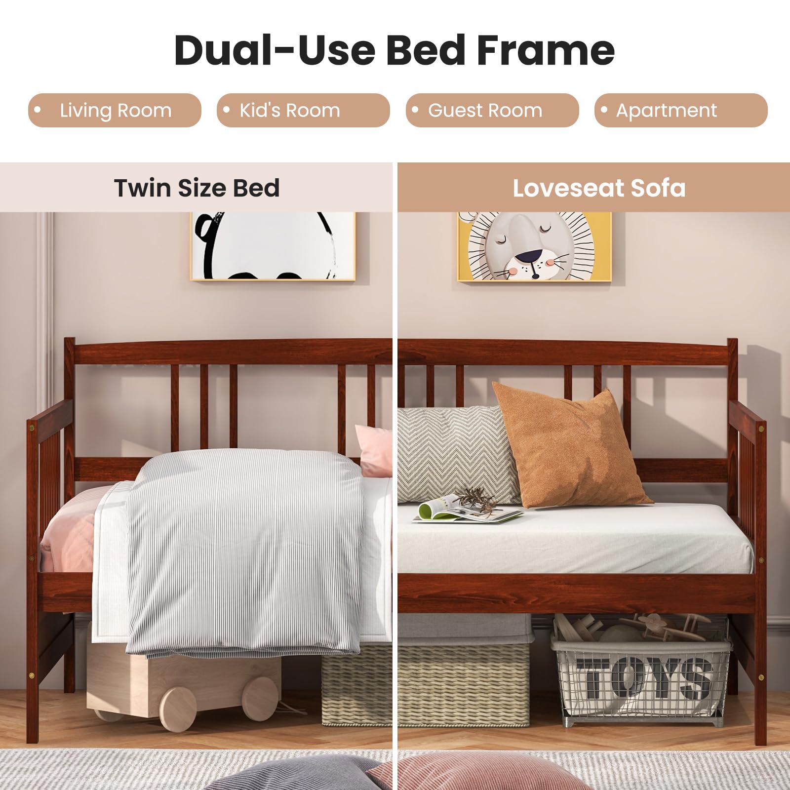 Giantex Twin Daybed Frame, Wooden Sofa Bed Guest Bed with Rails & Wood Slat Support, Dual-use Twin Size Platform Bed Frame for Living Room Bedroom, No Box Spring Needed, Cherry