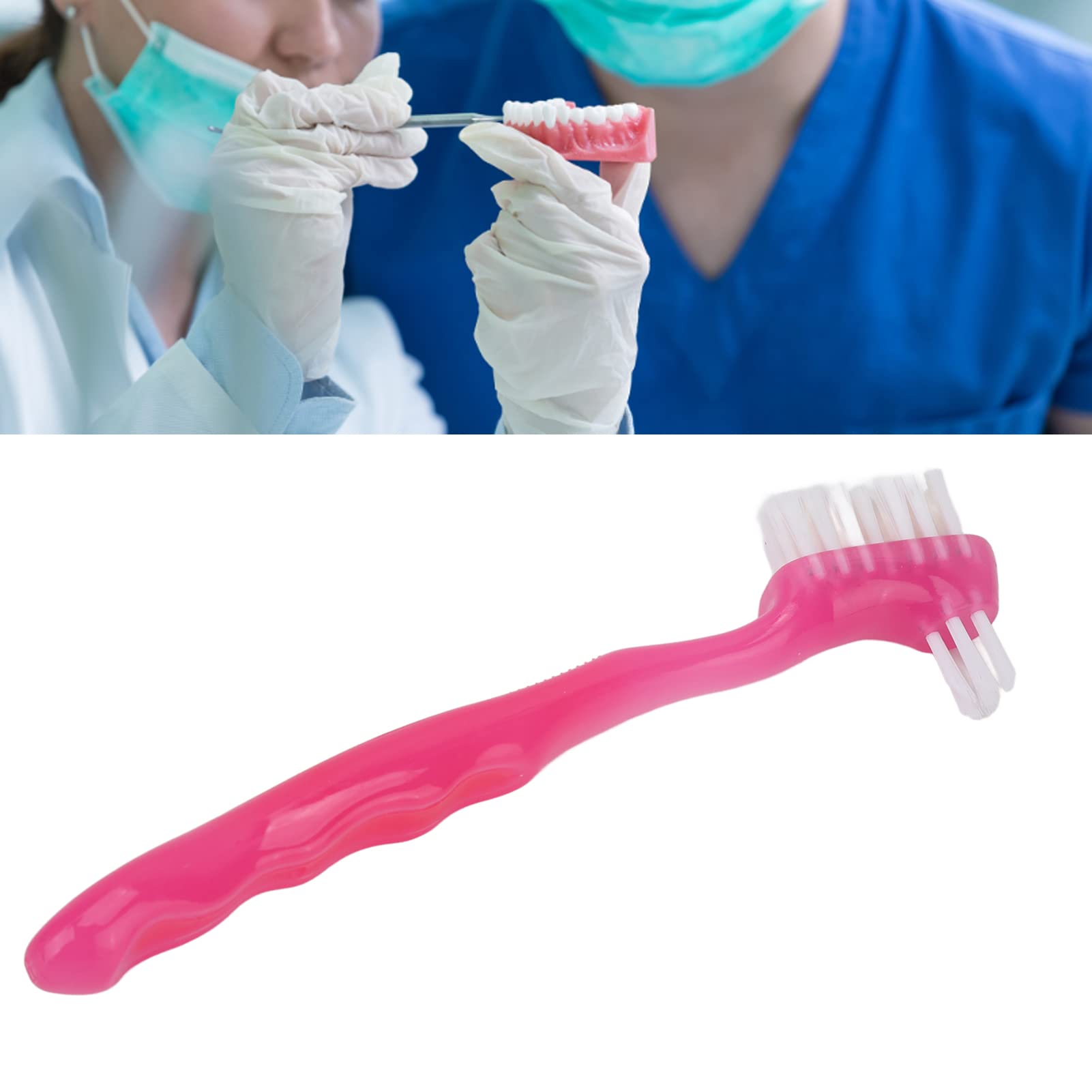 CHICIRIS Denture Toothbrush, Safe Ergonomic Plaque Removal Soft Hair False Teeth Brush Professional Double Sided for Home Travel (Pink)