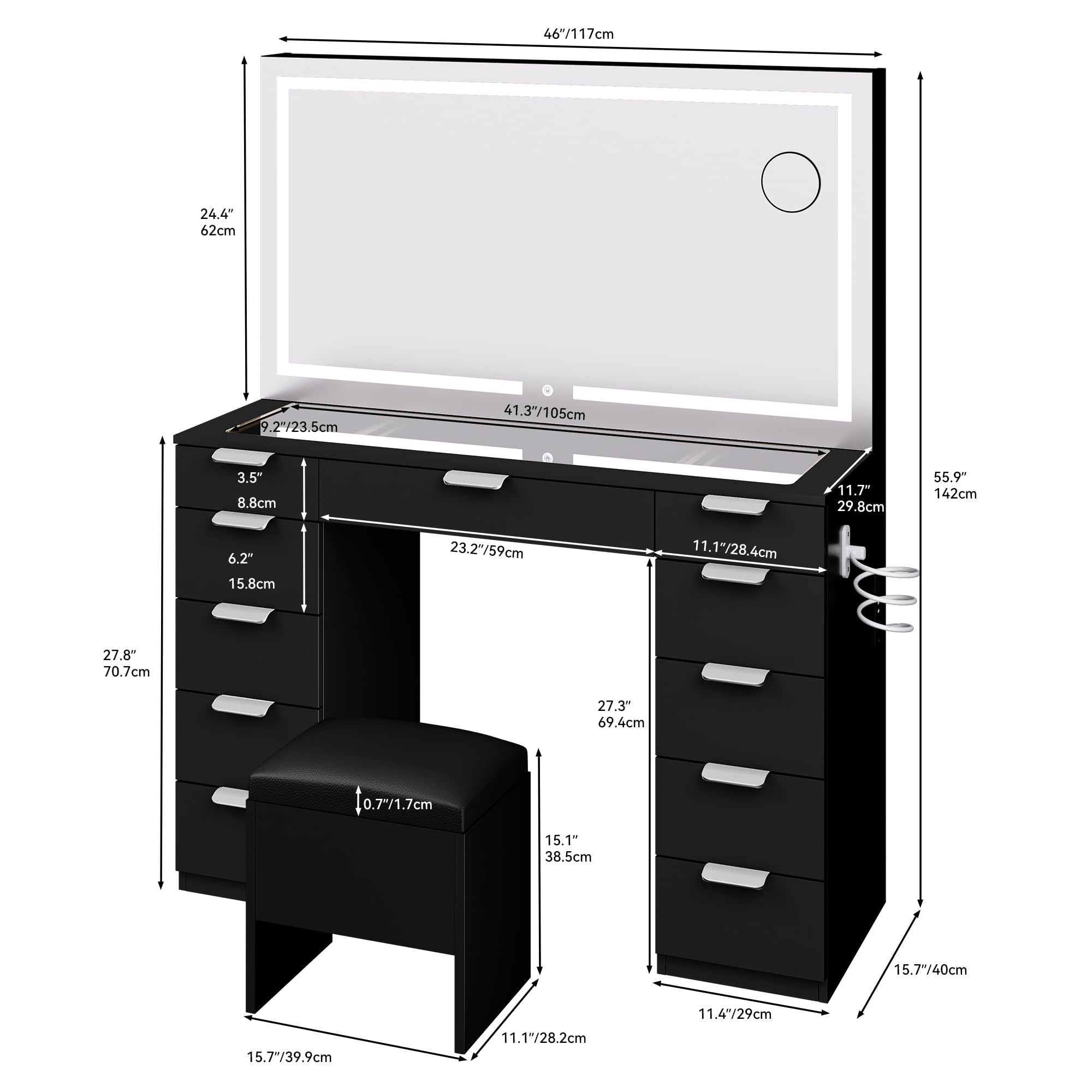 DWVO Wooden Makeup Vanity Set with LED Mirror, Charging Station, and 11 Drawers, Modern Makeup Desk with Glass Top, Storage Stool, and 3 Adjustable Lighting Modes
