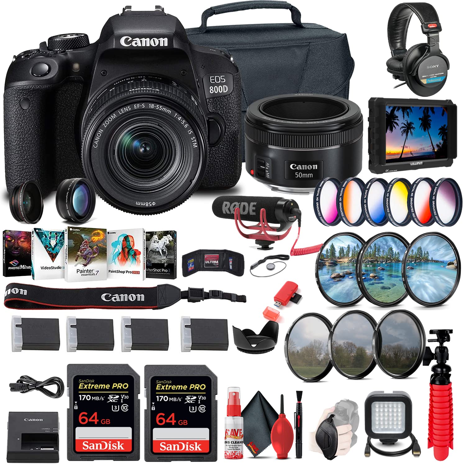 Canon EOS Rebel 800D / T7i DSLR Camera with 18-55 4-5.6 is STM Lens (1895C002) + 4K Monitor + Canon EF 50mm Lens + Mic + Headphones + 2 x 64GB Cards + Color Filter + Case + More (Renewed)