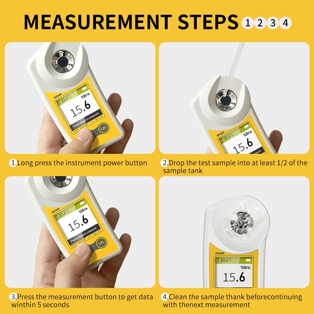 Digital Brix Refractometer Flagfront brix Meter Refractometer USB C Charging Automatic Temperature Compensation Brix Refractometer Range 0-55%,±0.1% Precision