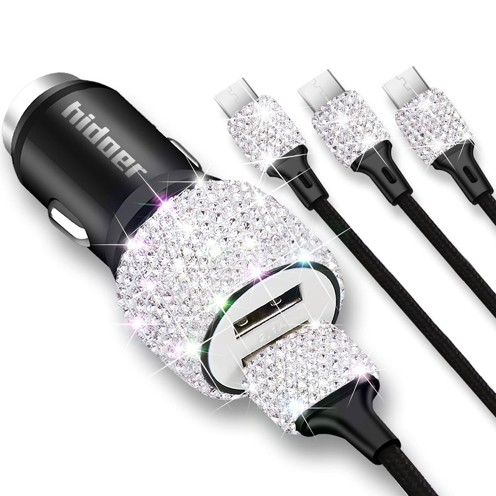 Bling USB Car Charger 5V/2.4A White Crystal Decoration Dual Port Fast Adapter with 4ft Nylon Type C/Micro USB 3-in-1 Multi Charging Cable for iPhone iPad Android, Car Interior Accessories for Women