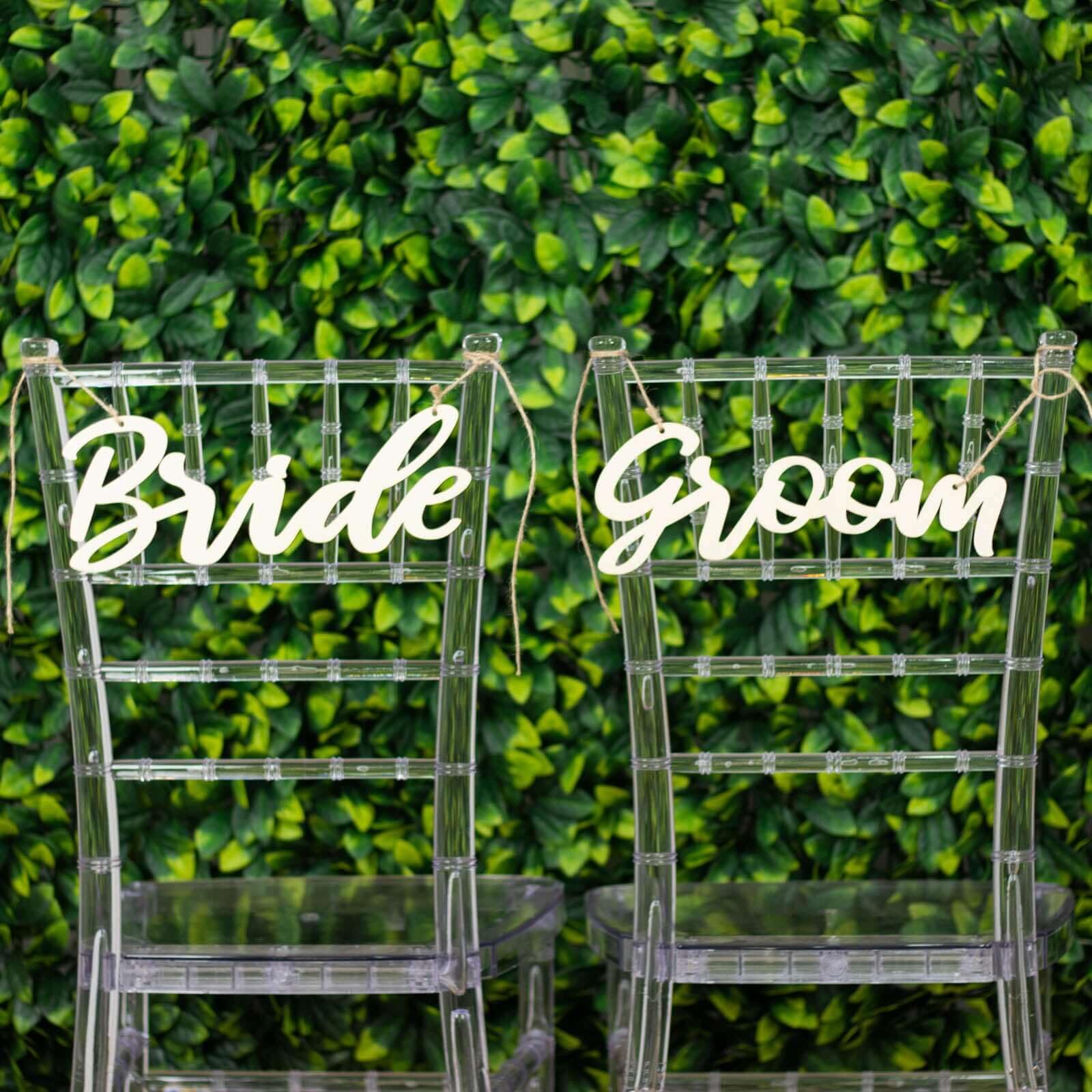 Efavormart Set of 2 | Natural Wood Bride and Groom Chair Signs, Wedding Photo Booth Props, Calligraphy Wall Hanging Decor - 12"X5"