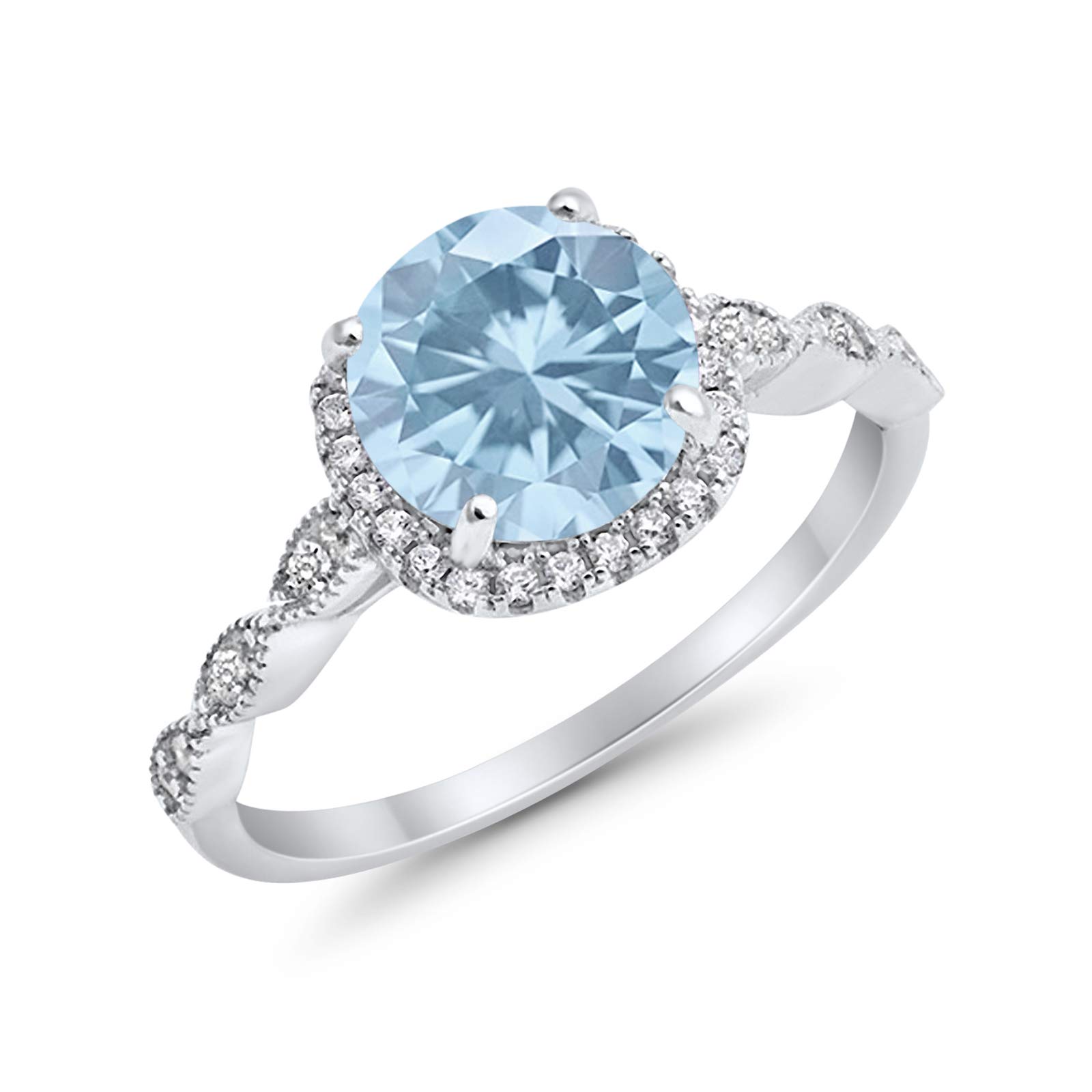 Blue Apple Co. Halo Solitaire Accent Art Deco Engagement Ring Simulated Aquamarine 925 Sterling Silver,Size-7