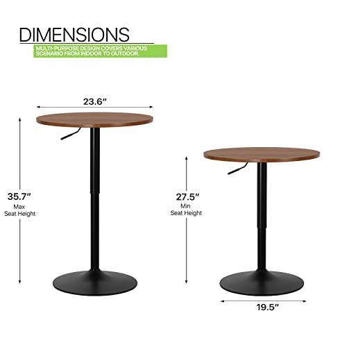 Magshion 23.5'' Round Pub Table, 360 Degree Swivel Cocktail Bar Table with Black Leg, Adjustable Height Range 27.5"-36" for Living Room Kitchen (Brown)