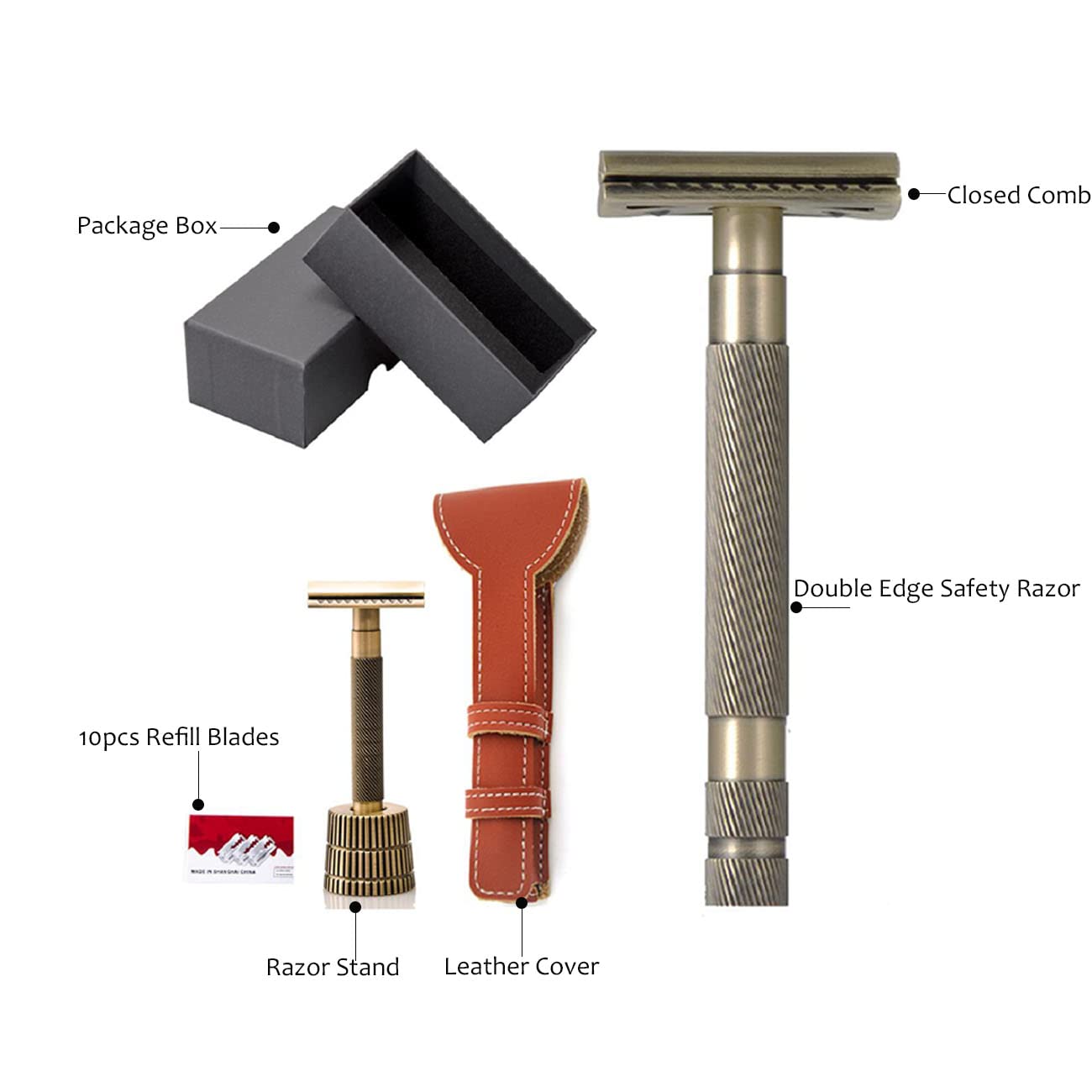 DanNuo Double Edge Safety Razor Long Handle with a Razor Stand Leather Case and 10pcs Replaceable Blades Safety Razor Kit for Men Classic Metal Manual Shavers, Gift Set Silver