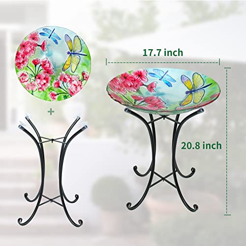 Glass Bird Baths for Outdoors, Outside Birdbaths Garden Bird Feeder with Metal Stand for Garden Patio Lawn Yard Decor 17.7" Dia 20.8β Height Dragonfly