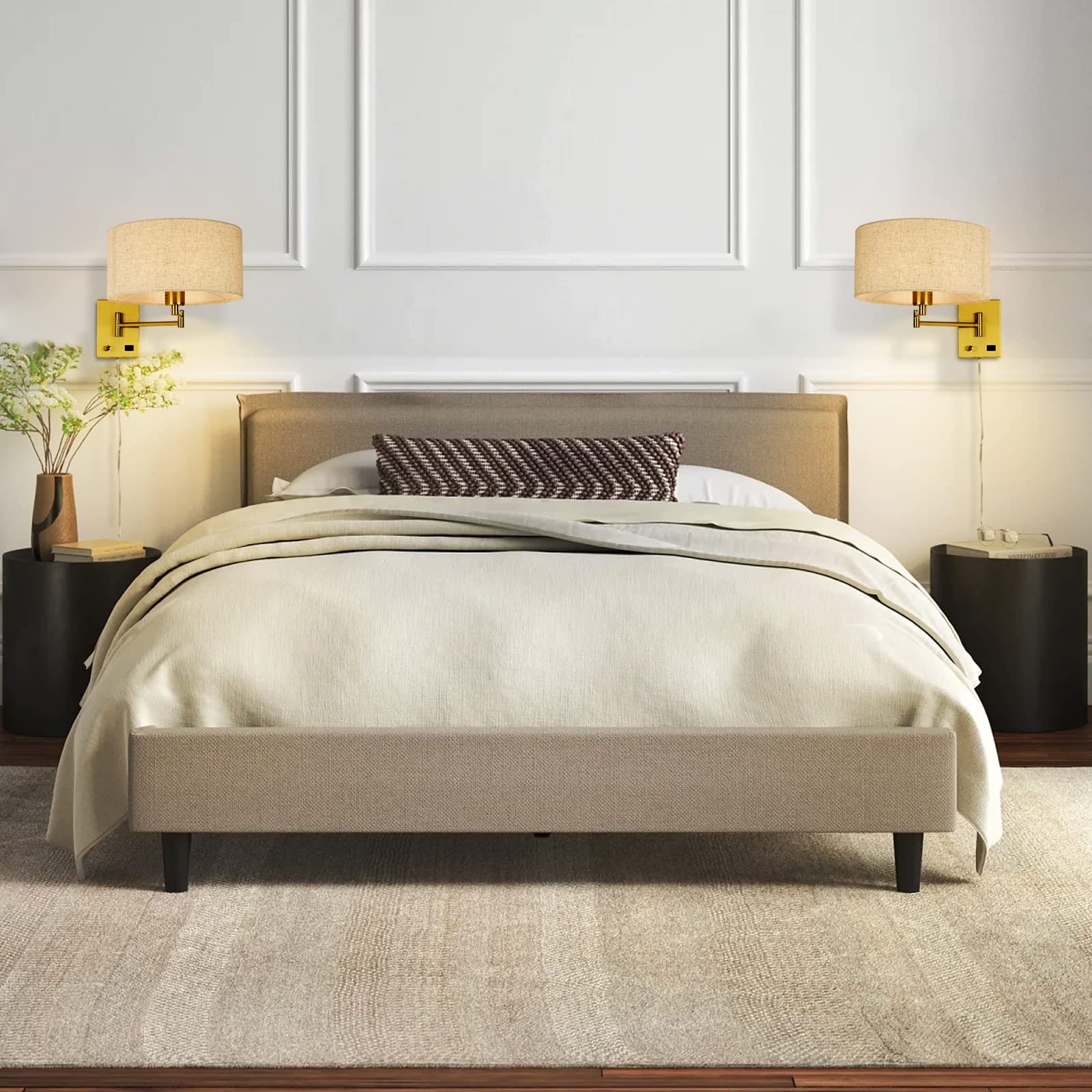 beatineon Elegant Antique Bronze Wall Sconces Set of Two - Dimmable, Swing Arm Lights for Bedroom with On/Off Dimmer Rotary Switch - Plug in or Hardwired Sackcloth Shade Wall Lamp with 6ft Cord