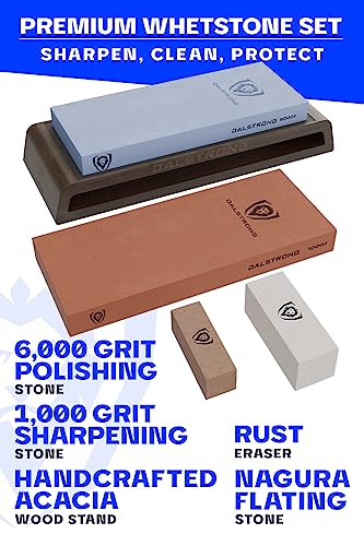 Dalstrong Premium Whetstone Kit - #1000/#6000 Knife Sharpening Kit - Extra Large Grit Stones - Top-Grade Corundum - Thick Knife Sharpening Stone - Hand Crafted Acacia Wood - Whetstone Knife Sharpener