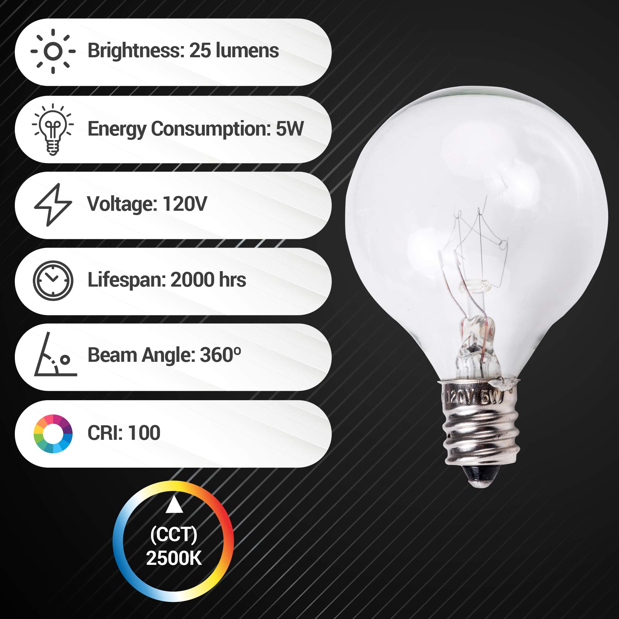 BlueStars E12 G40 Bulb 120V 5W Pack of 50 Replacement Bulb High Output Warm White Light Dimmable 2500K 25 lm for String Lights Screw Base Outdoor/Indoor