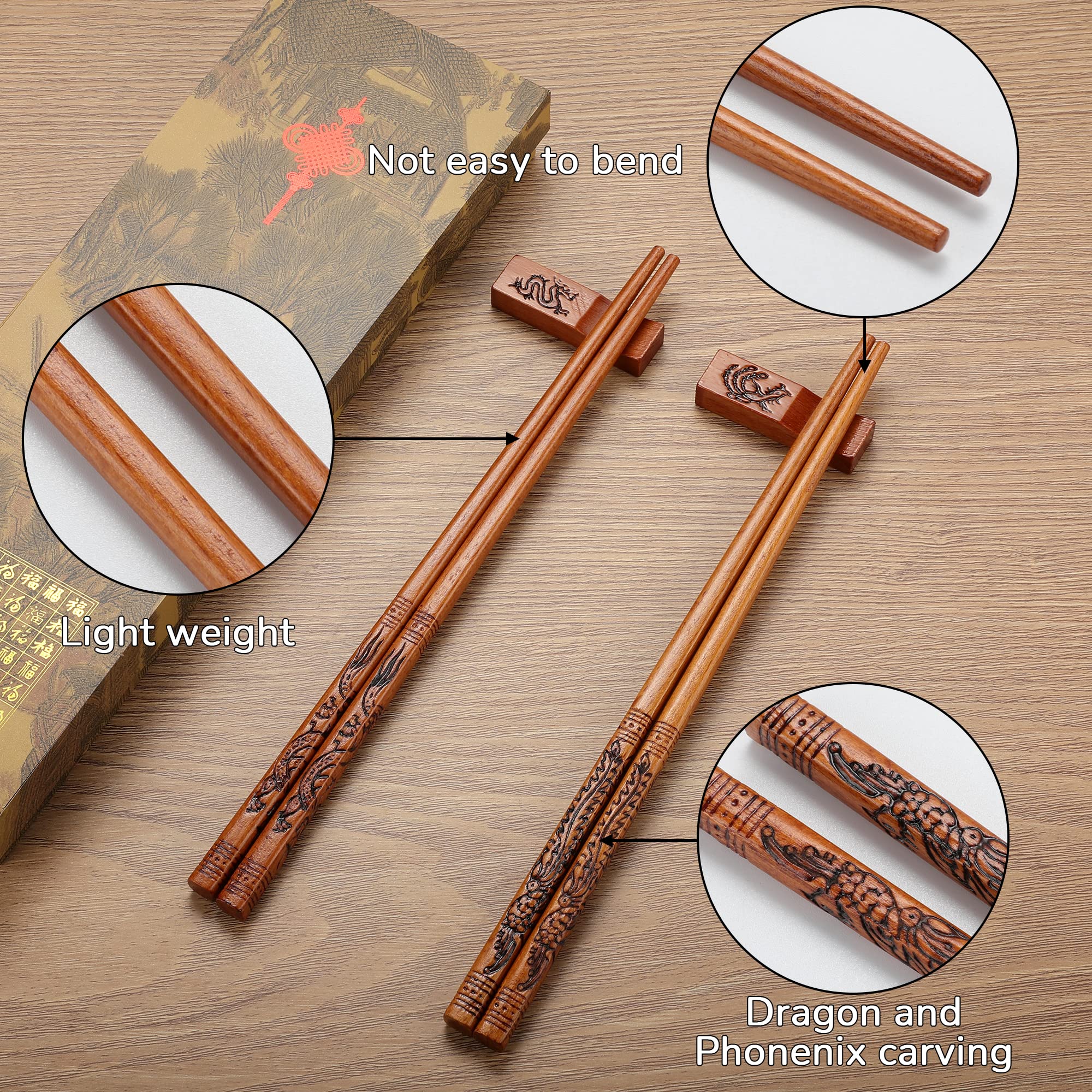 CAEKAIGTA Chopsticks Reusable, Wooden Dragon and Phoenix Chopsticks, Reusable Chopsticks Dishwasher Safe,Chopsticks Set Gift Box packaging(2 pairs)