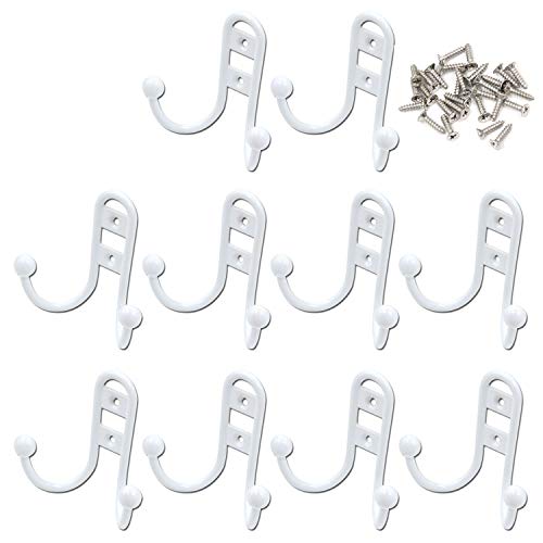 Geesatis 10 pcs Double Prong Robe Hook Utility Coat Hooks White Metal Robe Clothes Hangers with Mounting Screws