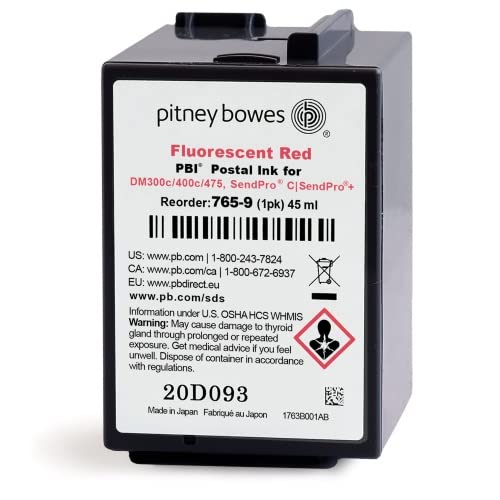 Pitney Bowes 765-9 Ink Cartridge for SendPro C Auto, DM300C™ & DM400C™ Series, Red Ink, 45 ml