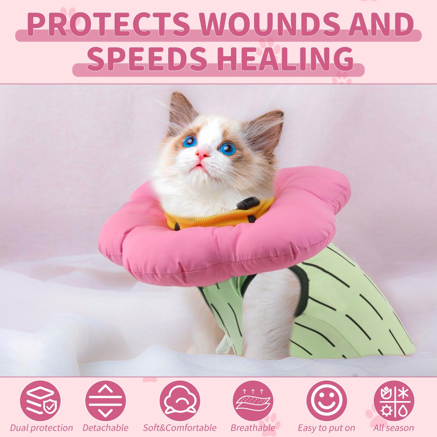 EMUST 2PCS Cat Recovery Suit and Cat Cone Collar Female, Cute Cat Surgical Suit for Abdominal Wounds or Skin Diseases, Adjustable Flower Neck Cat Cone Collar Soft for Cats 4-8lb(Green, M)