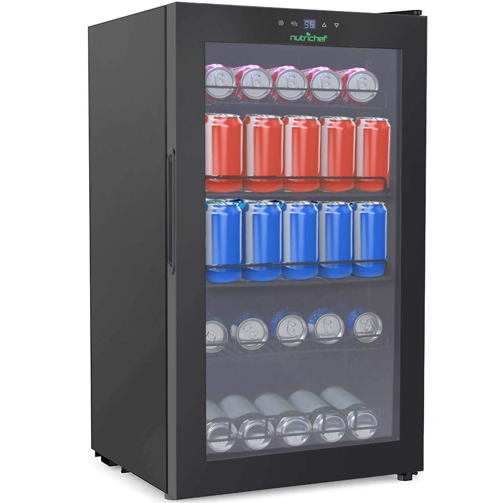 NutriChef PKTEBC80.5 18.69 Gallon Freestanding/Kitchen Countertop Black Electric Center Cooler Soda Beer Refrigerator w/Built-in Fan, Clear Glass Door 132-Can Canned Beverage Mini Fridge