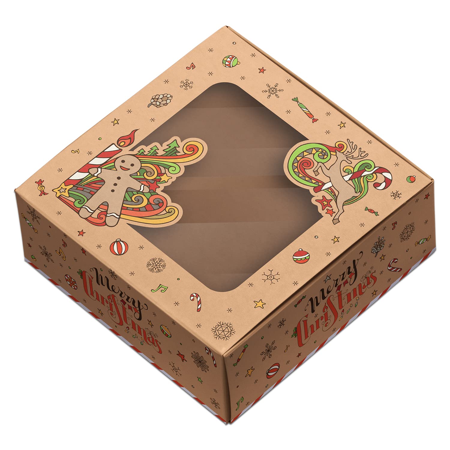 Christmas Cookie Boxes With Window and Lid, Bakery Christmas Treat Boxes, Candy and Cookie Boxes for Gift Giving - Food Packaging Containers (Santa, Christmas Tree, Gingerbread Man & Snowman)