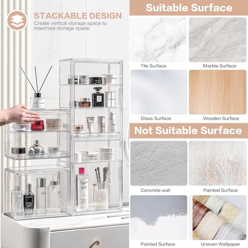 DILIBRA Plastic Wall Mount Organizer, Mountable Acrylic Display Case Storage Bin with Lid, Hanging Basket Storage Boxes Container Bin with Divider for Bathroom Kitchen Pantry Office