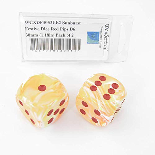 Sunburst Festive Dice with Red Pips D6 30mm (1.18in) Pack of 2 Wondertrail