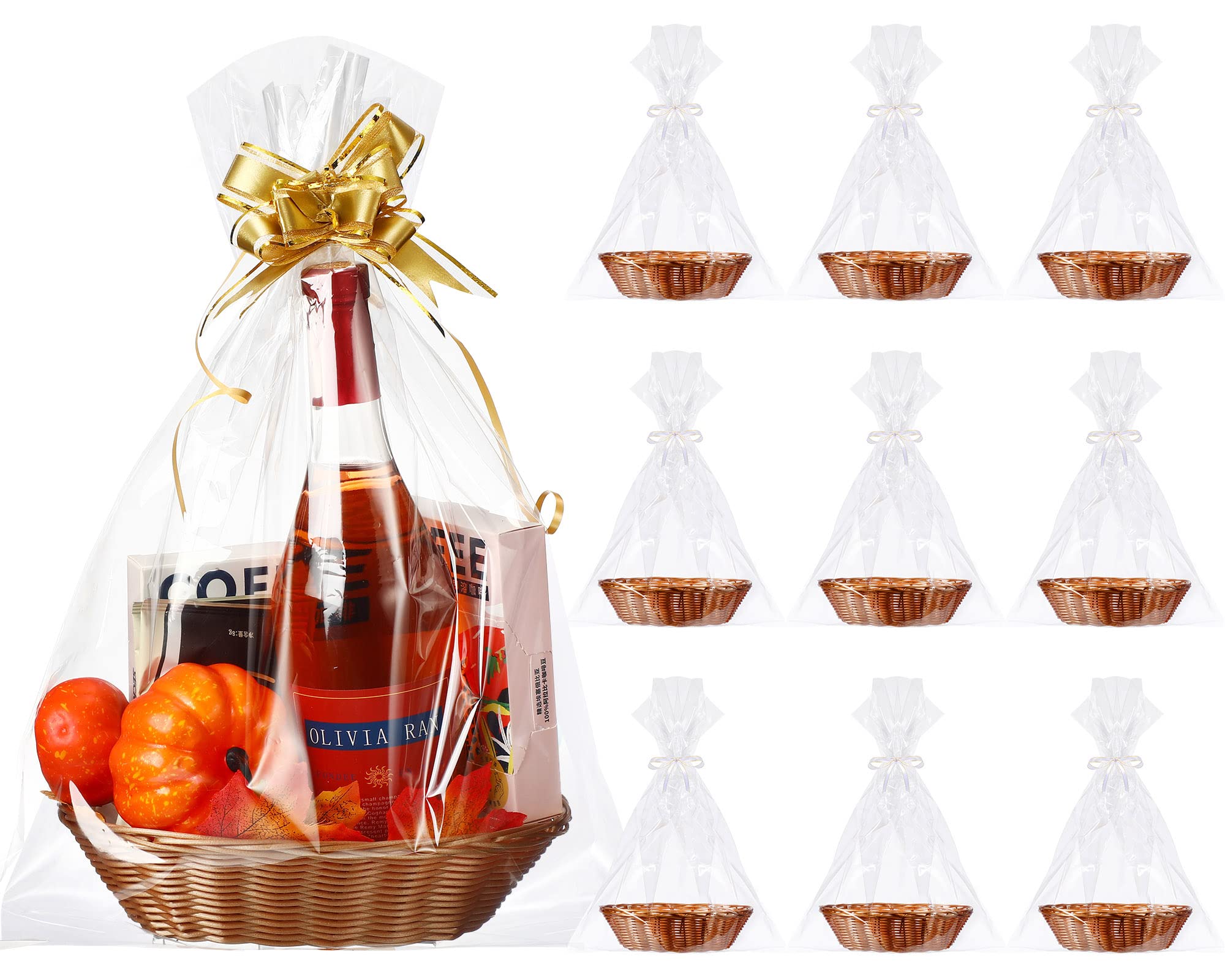 Chengu 9 Pieces Christmas Plastic Baskets for Gifts Empty Oval Basket with 10 Clear Bags Food Storage Basket Woven Empty Basket Gift Baskets for Christmas Party Gift Home Food Serving Storage Display