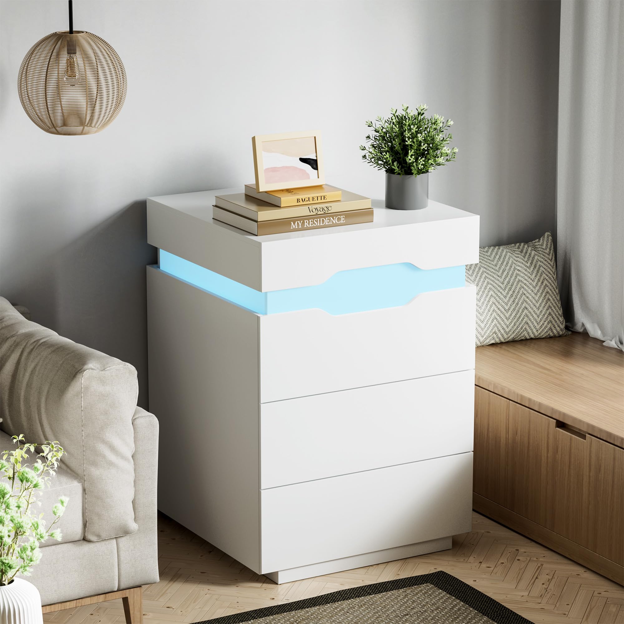 Furniwell LED Nightstand with Charging Station, End Table with 3 Drawers, Night Stand Bedside Table with Sliding Top for Bedroom and Living Room, White