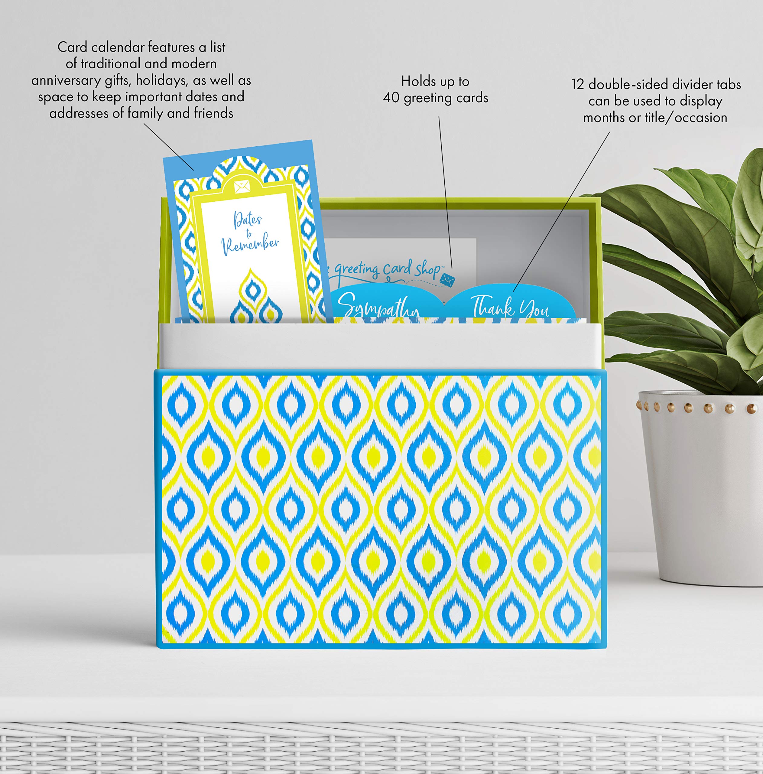 Designer Greetings Greeting Card Organizer Box with Dividers and Calendar, Peacock Design (Holds Up to 40 Greeting Cards, 5.5” x 7.25” or Smaller)