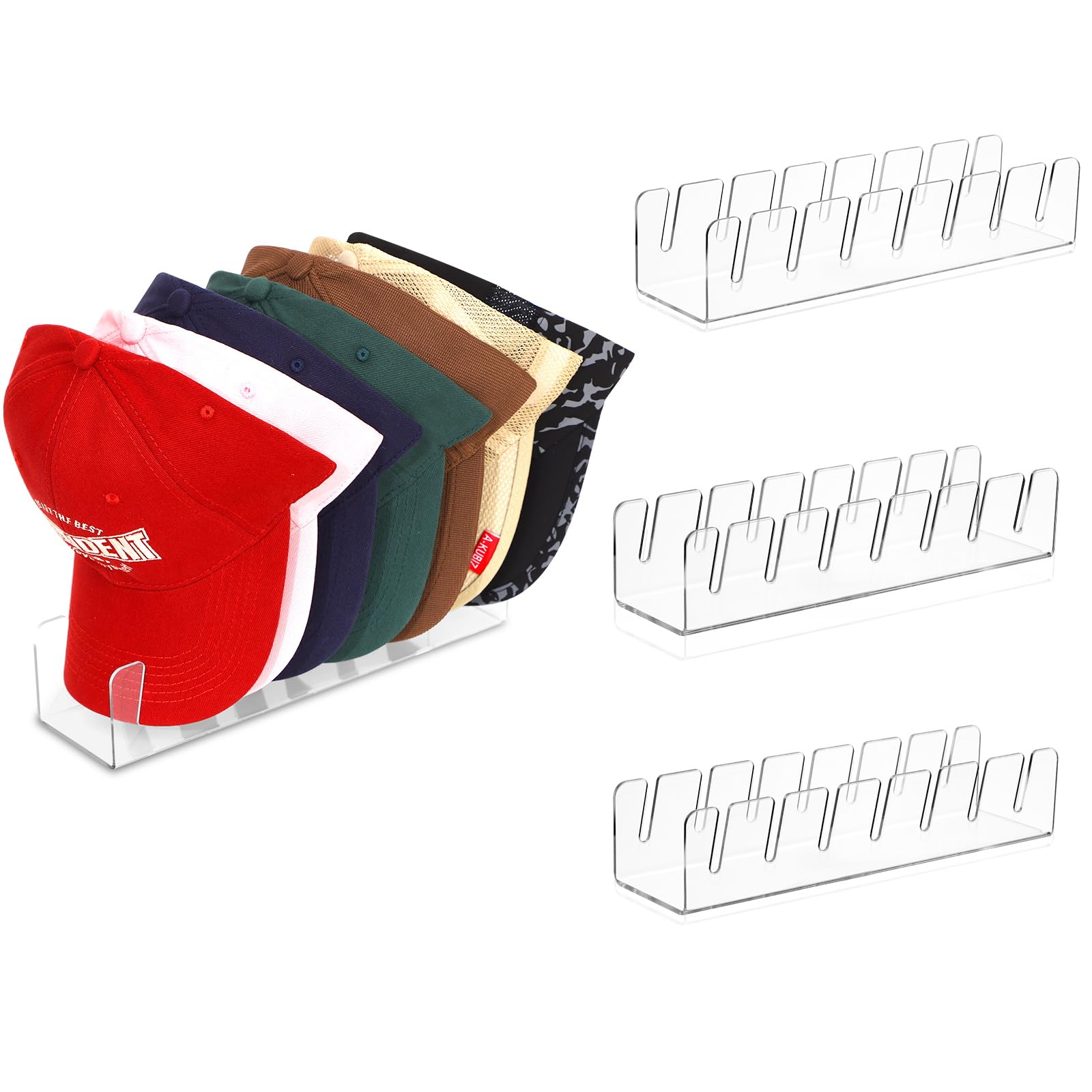 Dimber 4-Pack Hat Stand for Baseball Caps Display and Organizer, No Install Acrylic Hat Holder for 28 Baseball Caps , Hat organizer for bedroom(Clear)