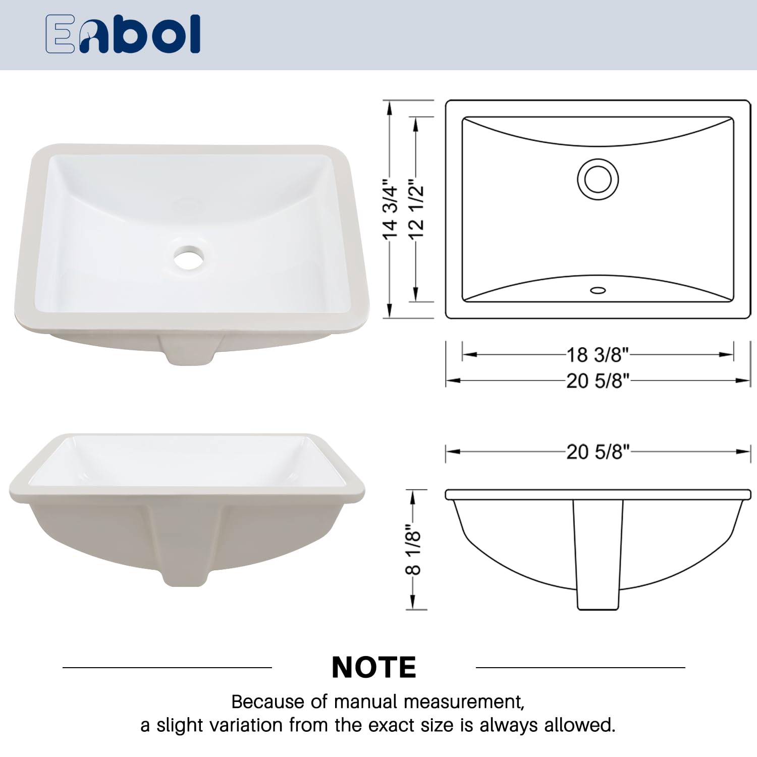 Enbol Bathroom Undermount Sink White Rectangular Ceramic Sink for Bathroom with Overflow - ECU1812 Exterior: 20 5/8" x 14 6/8" x 8 1/8"