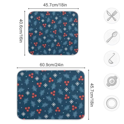 Christmas Holly Berry Leaves Dish Drying Mat Kitchen Counter Drying Mat Kitchen Matt Dish Dryer Cloth Dish Wish Drying Mat 18 x 24