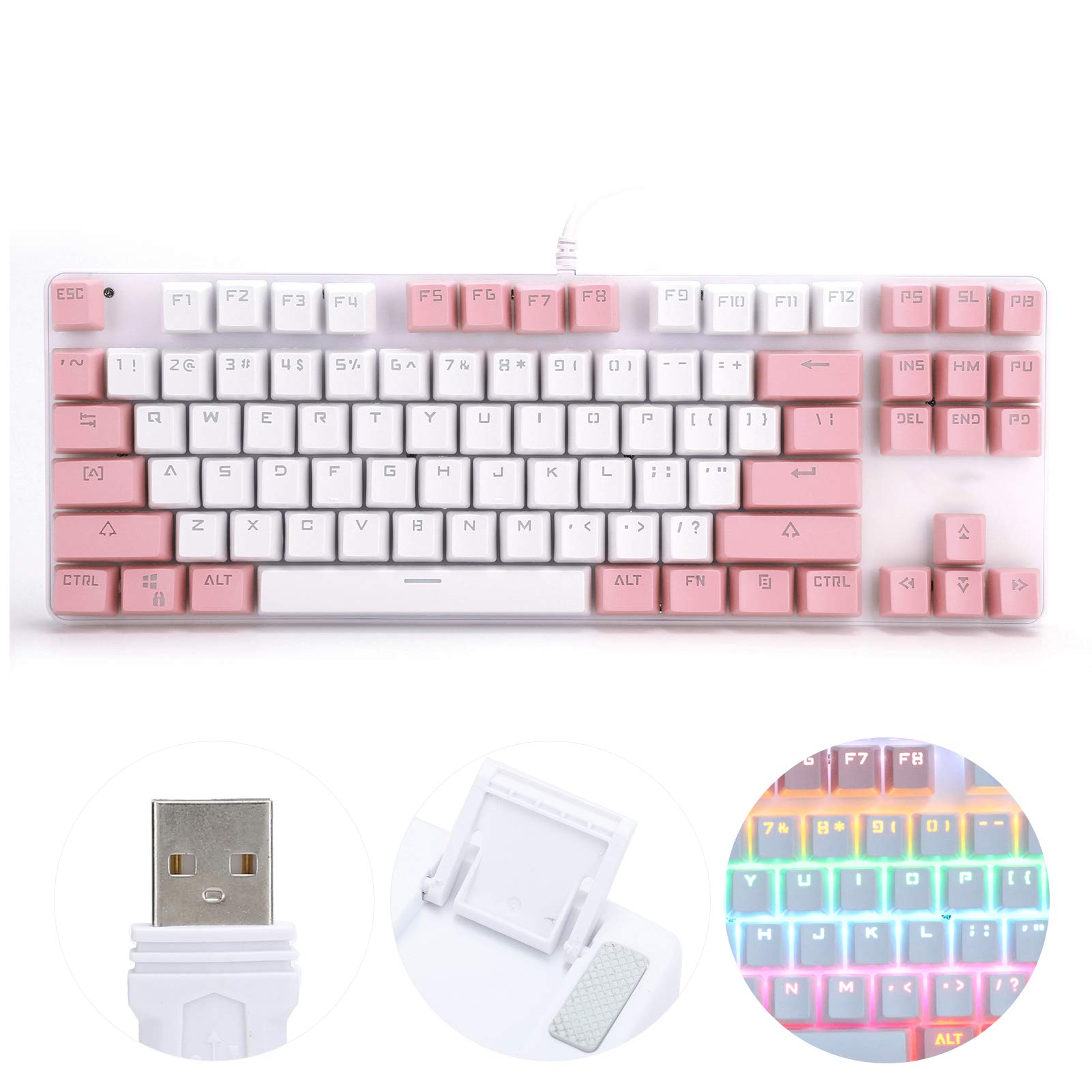 PUSOKEI Mechanical Gaming Keyboard, 87 Keys Keyboards RGB LED Rainbow Backlit Wired Keyboard, Mechinal Gaming Keyboard White+Pink, Mechanical Keyboard,Plug and Play(White)