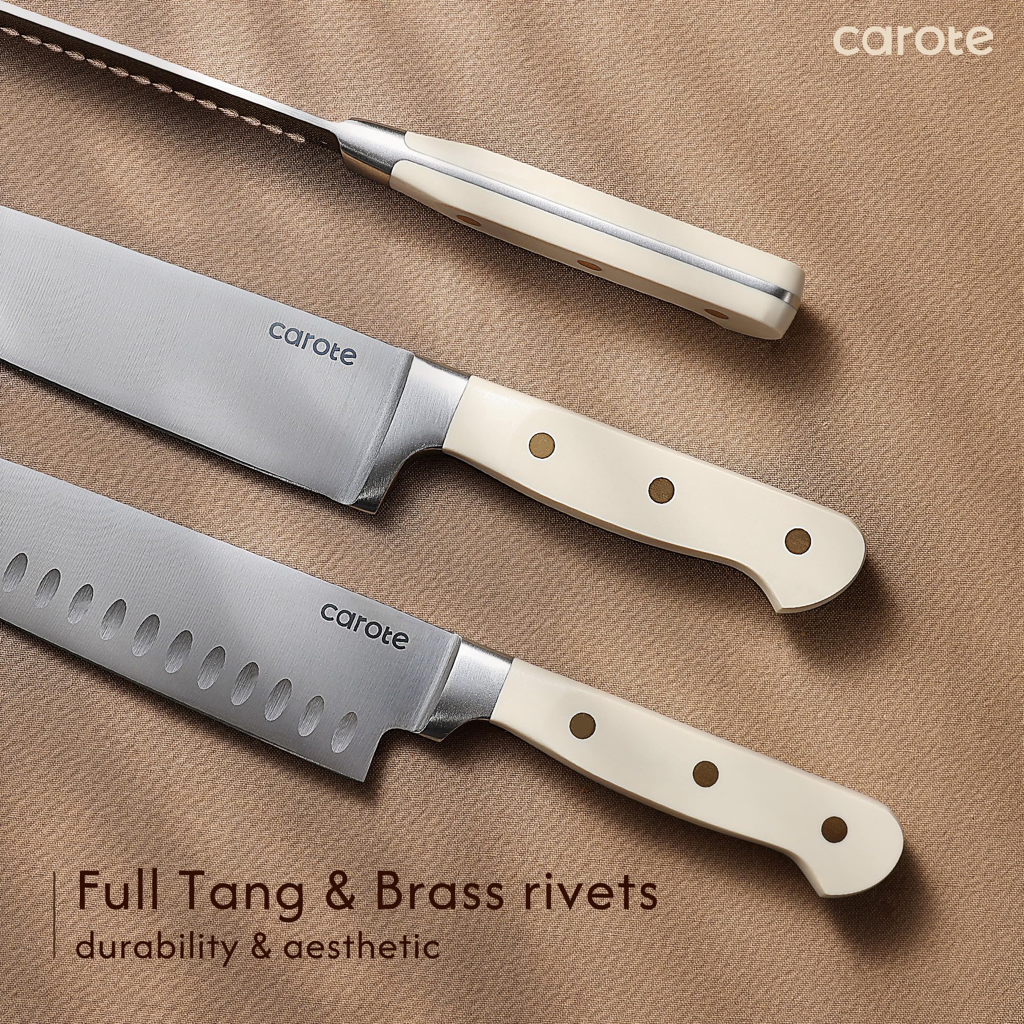 CAROTE 11PCS Knife Set with Block for kitchen, Stainless Steel Razor-Sharp Blade, Triple Riveted Ergonomic Handle,Essential Knife Set, Beige