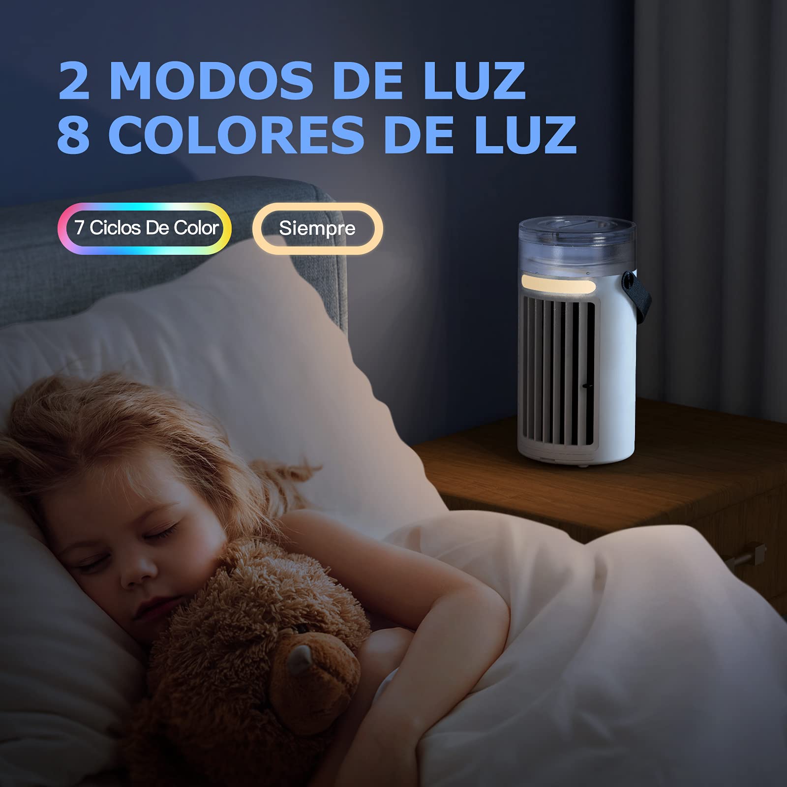 Portable Air Conditioner, Hommie 5 in 1 Personal Mini Air Cooler with 2 Fans, 8 Colors LED Light and 3 Speeds, Small Desk Mini Ac Evaporative Cooler Fanfor Personal Use Small Room