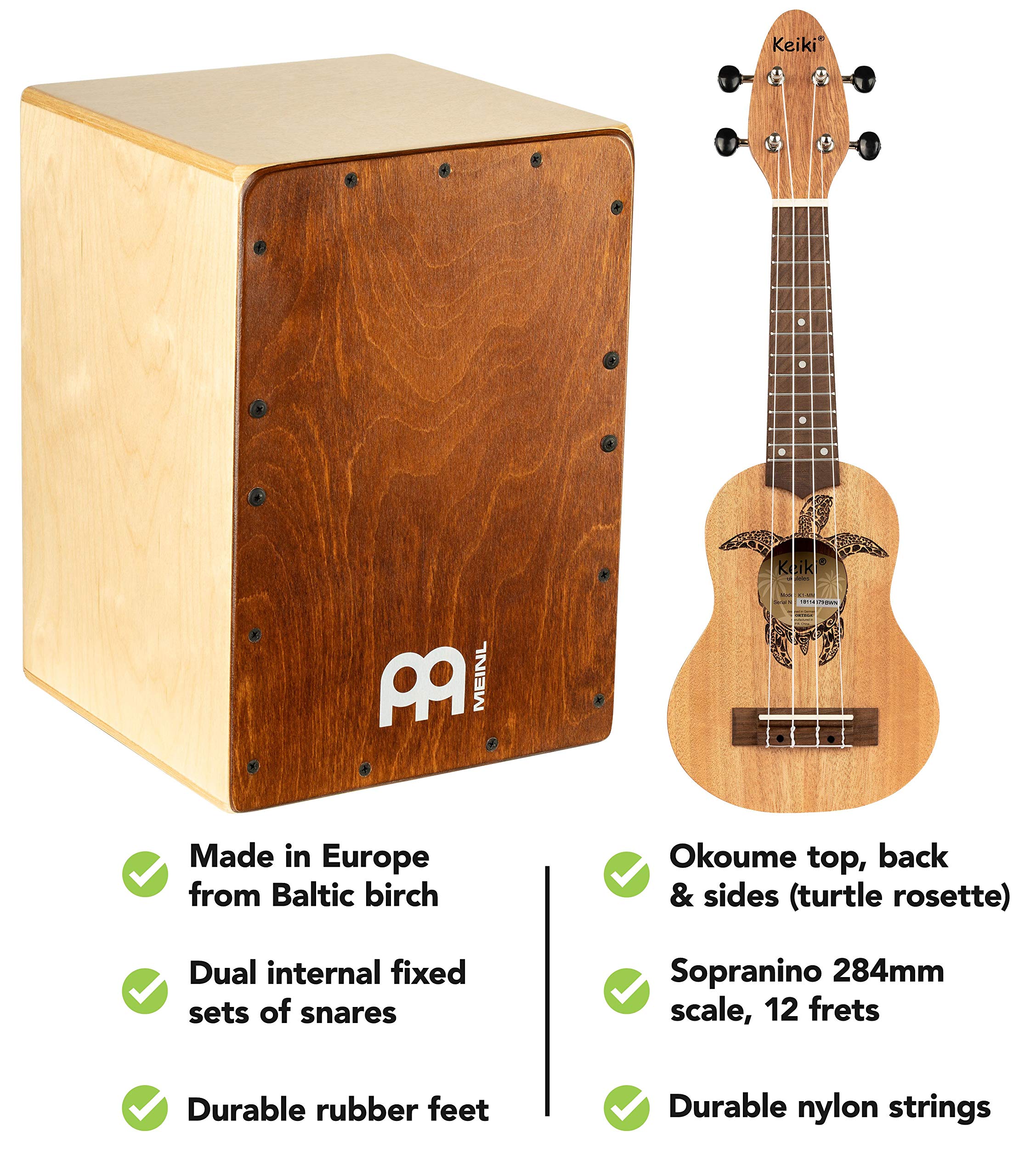 Meinl Percussion Snare Cajon Box Drum with Ukulele Jam Bundle β Keiki Sopranino by Ortega Guitars β Two Year Warranty, JC50K1