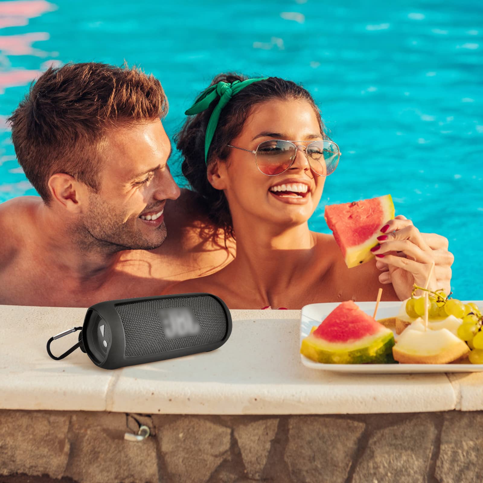 Silicone Case for JBL FLIP 6 Waterproof Portable Bluetooth Speaker, Gel Soft Skin Rubber Cover, Travel Carrying Storage Bag Pouch with Shoulder Strap and Carabiner - Black