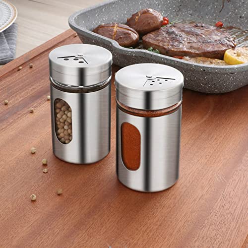 Glomora Salt and Pepper Shakers - Powdered Sugar Duster with Pour Holes - Stainless Steel Glass Spice Container with Transparent Window