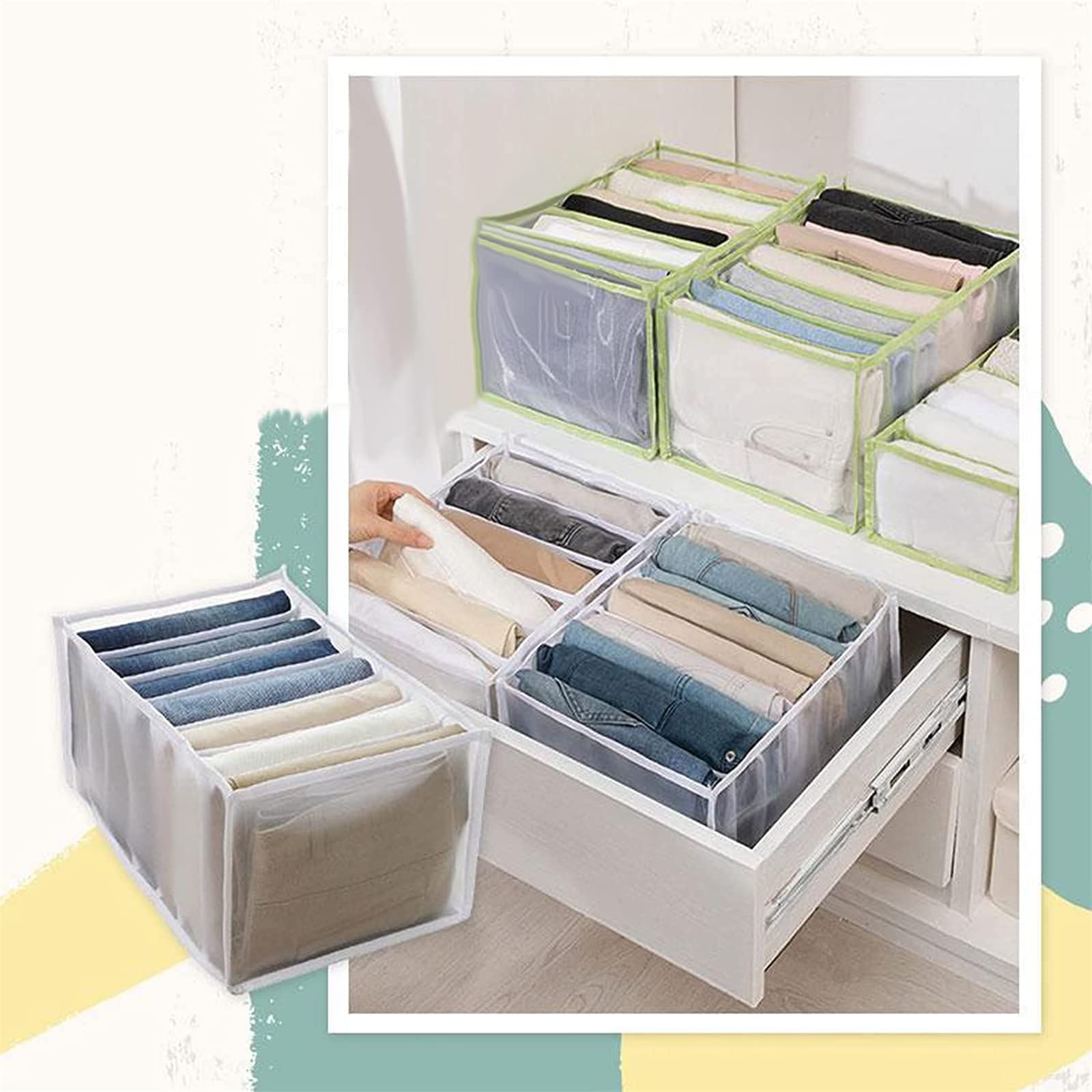 Wardrobe Clothes Organizer, 7 Grids Mesh Foldable Drawer Organizers for Clothing, Washable Clothes Organizer for Folded Clothes for Jeans, Leggings, Underwear, Socks, T-shirts, Grey (1PCS)