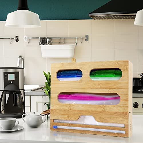 Premium Plastic Wrap Dispenser with Cutter and Ziplock Bag organizer, Bamboo Foil and Plastic Wrap Organizer for Kitchen Drawer, Ziplock Bag Storage Organizer for Gallon,Quart,Sandwich,Snack