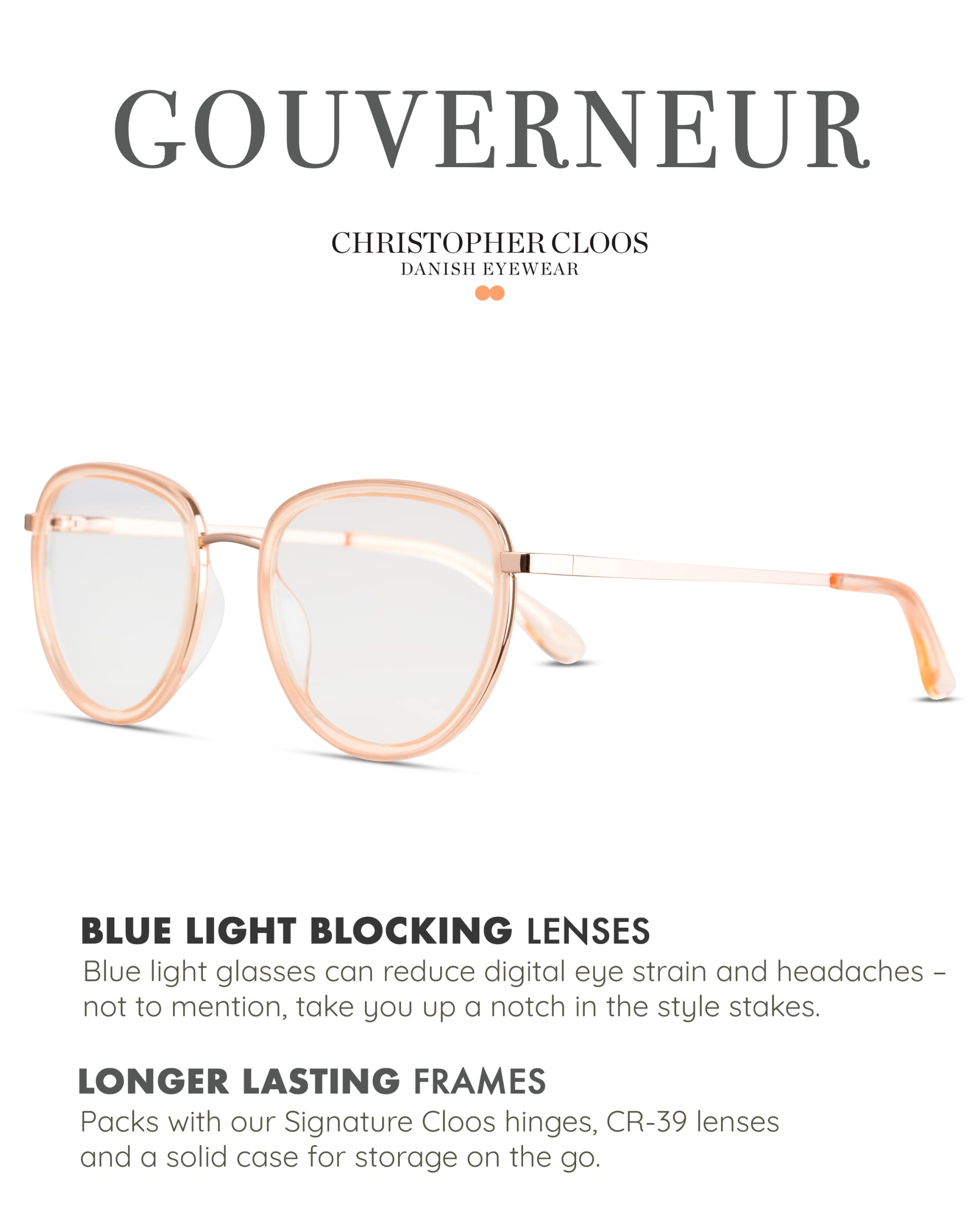 Christopher Cloos - Gouverneur - Champagne - Danish Design Blue Light Glasses for Men & Women - Fashion designer glasses - Computer Glasses - Unisex - Non Prescription - Prescription Ready