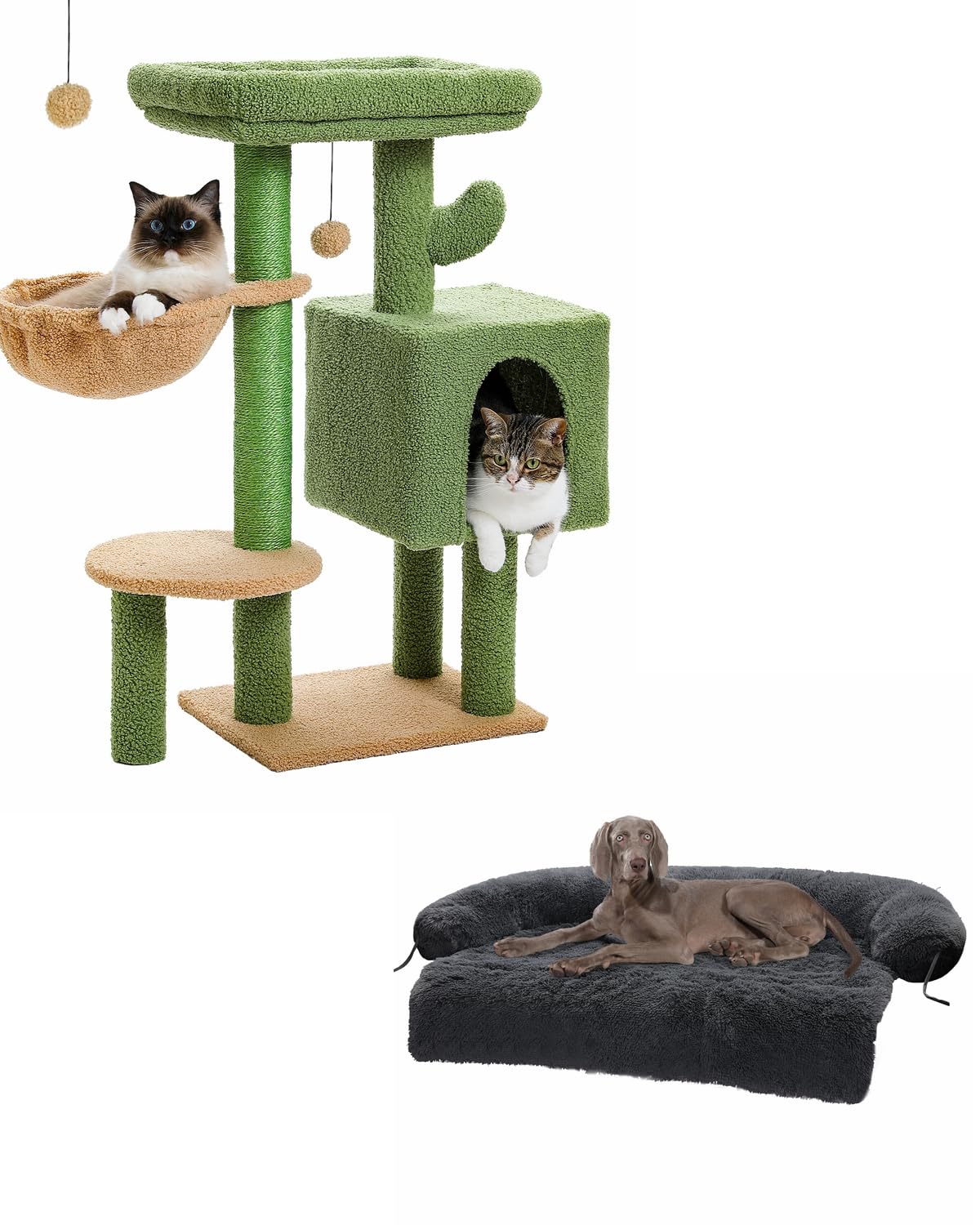 Cactus Cat Tree 35.4" Cute Cat Tower Cat Condo for Indoor Cats w/Large Padded Perch, Fluffy Dog Couch Bed, Modular Dog Bed for X-Large Dogs