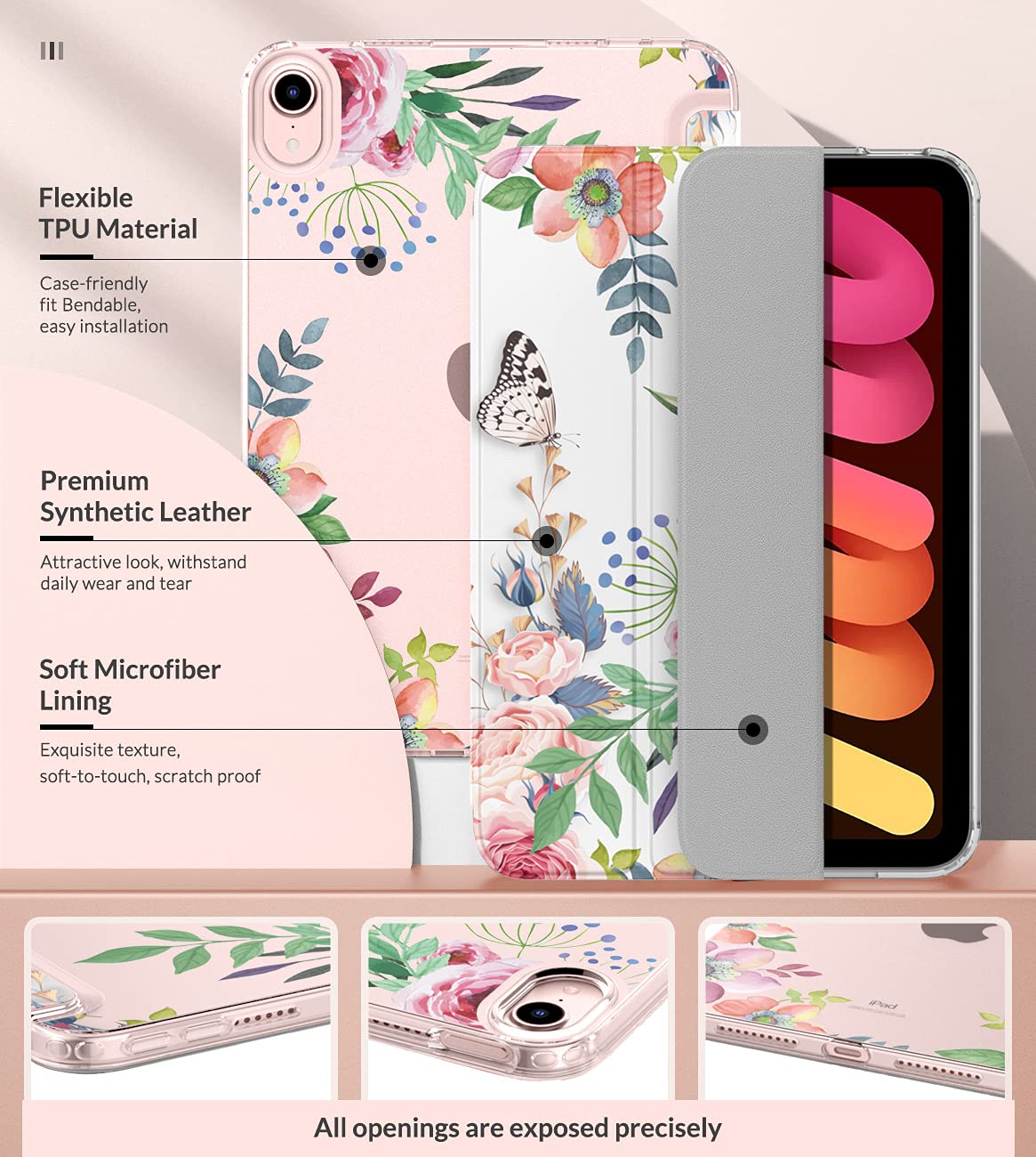 MoKo Case Fit New iPad Mini 6 2021 (6th Generation 8.3 inch), Soft TPU Translucent Frosted Back Cover Slim Smart Shell Stand Folio Case for iPad Mini, Auto Wake/Sleep, Fragrant Flowers