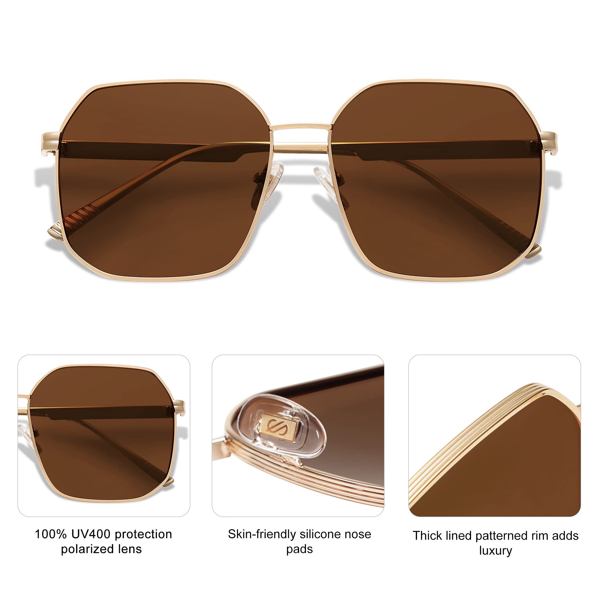 SOJOS Retro Square Polarized Sunglasses for Women Vintage Square Shades UV400 Large Metal Frame SJ1166 with Gold/Brown Lens