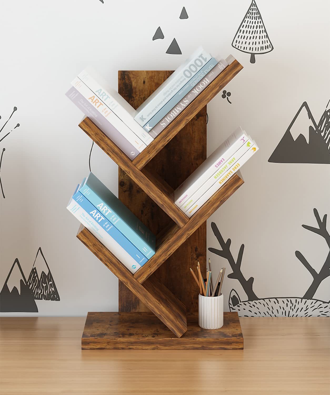 Lydia88 Tree Bookshelf,4-Layer Floor Standing Bookshelf,The Desktop Bookshelf Can Hold Books,Magazines, CDs and Photo Albums,Desktop Organizer,Office Storage Rack Real Wooden Bookshelf