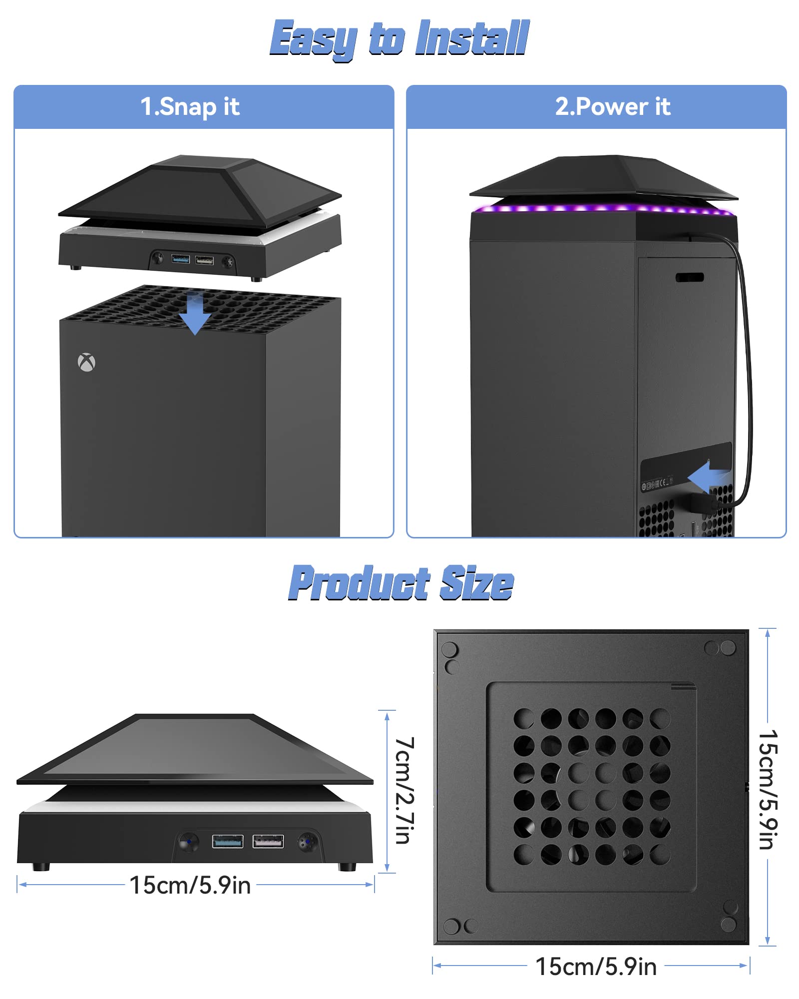 Cooling Fan and Stand for Xbox Series X, Wiilkac 3 Levels Adjustable Speed Cooler Fan, 10Games Slots Holder & Headphone Hook, Dual Controller Charging Dock, 2 Rechargeable Battery Packs