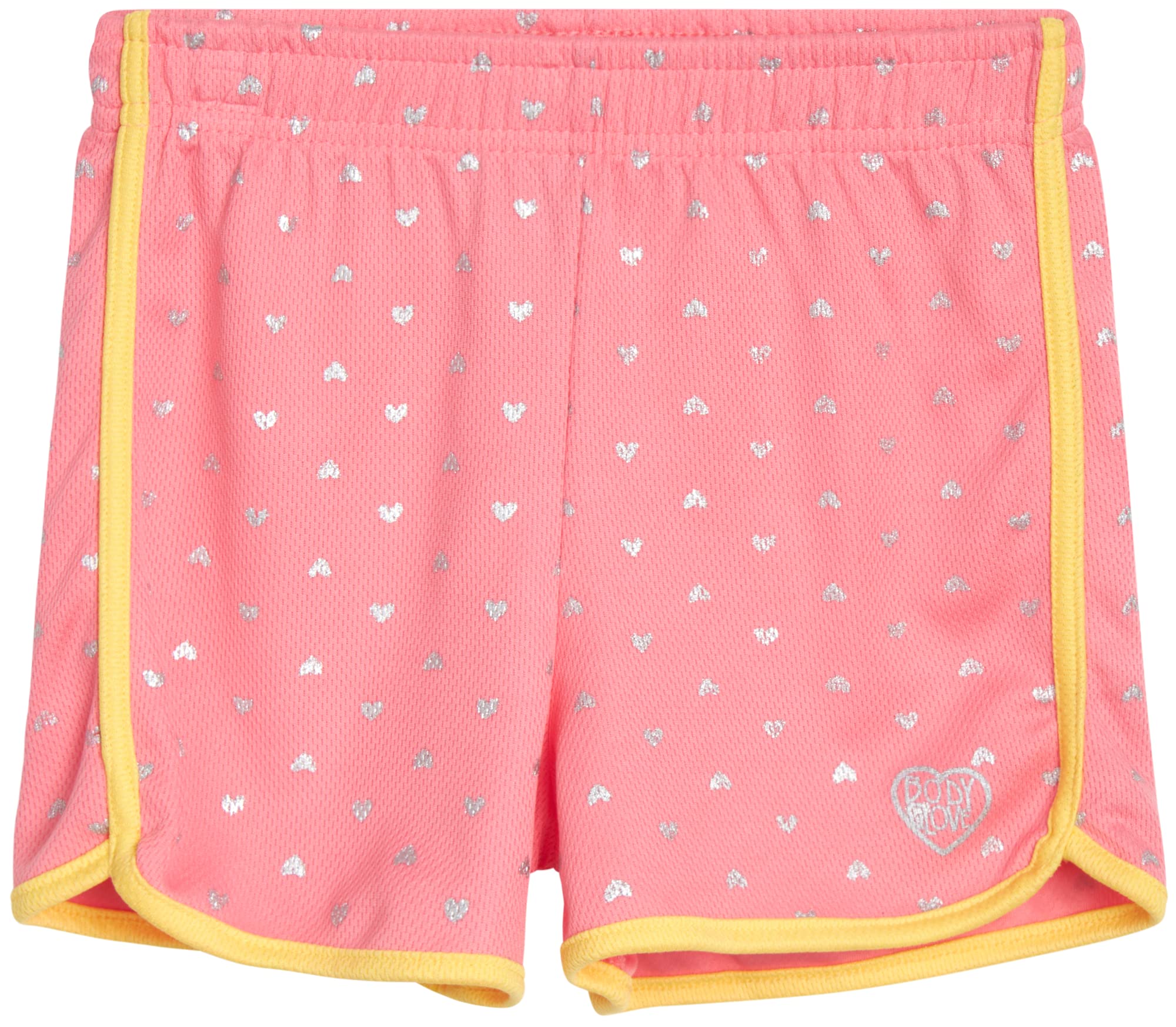Body Glove Girls' Active Shorts - 4 Pack Mesh Athletic Performance Gym Dolphin Shorts (7-12), Size 10, Coral/Yellow/Navy/Pink