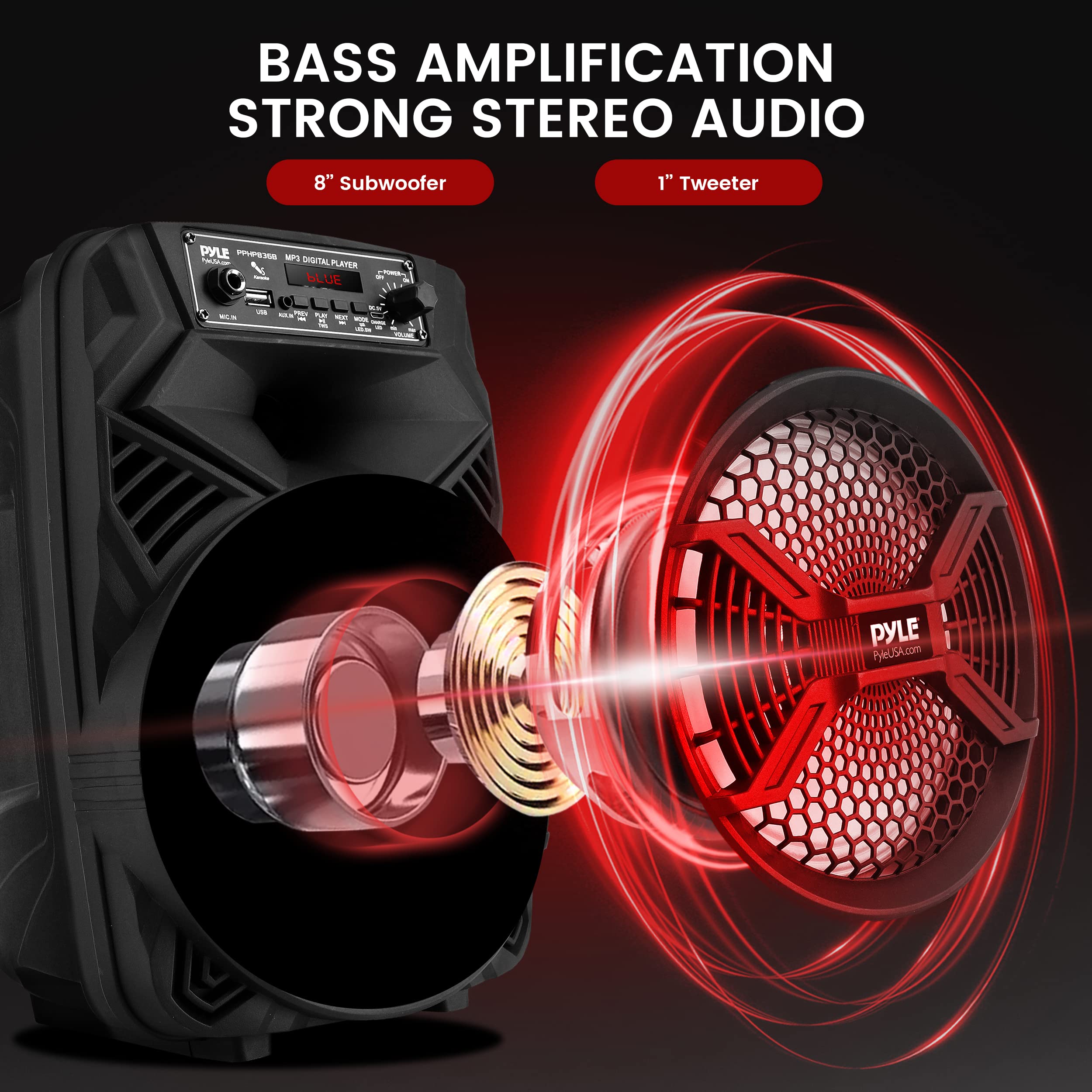 Portable Bluetooth PA Speaker System - 300W Rechargeable Indoor/Outdoor Bluetooth Portable PA System w/ 8β Subwoofer 1β Tweeter, Microphone In, Party Lights, MP3/USB, Radio, Remote - Pyle PPHP836B